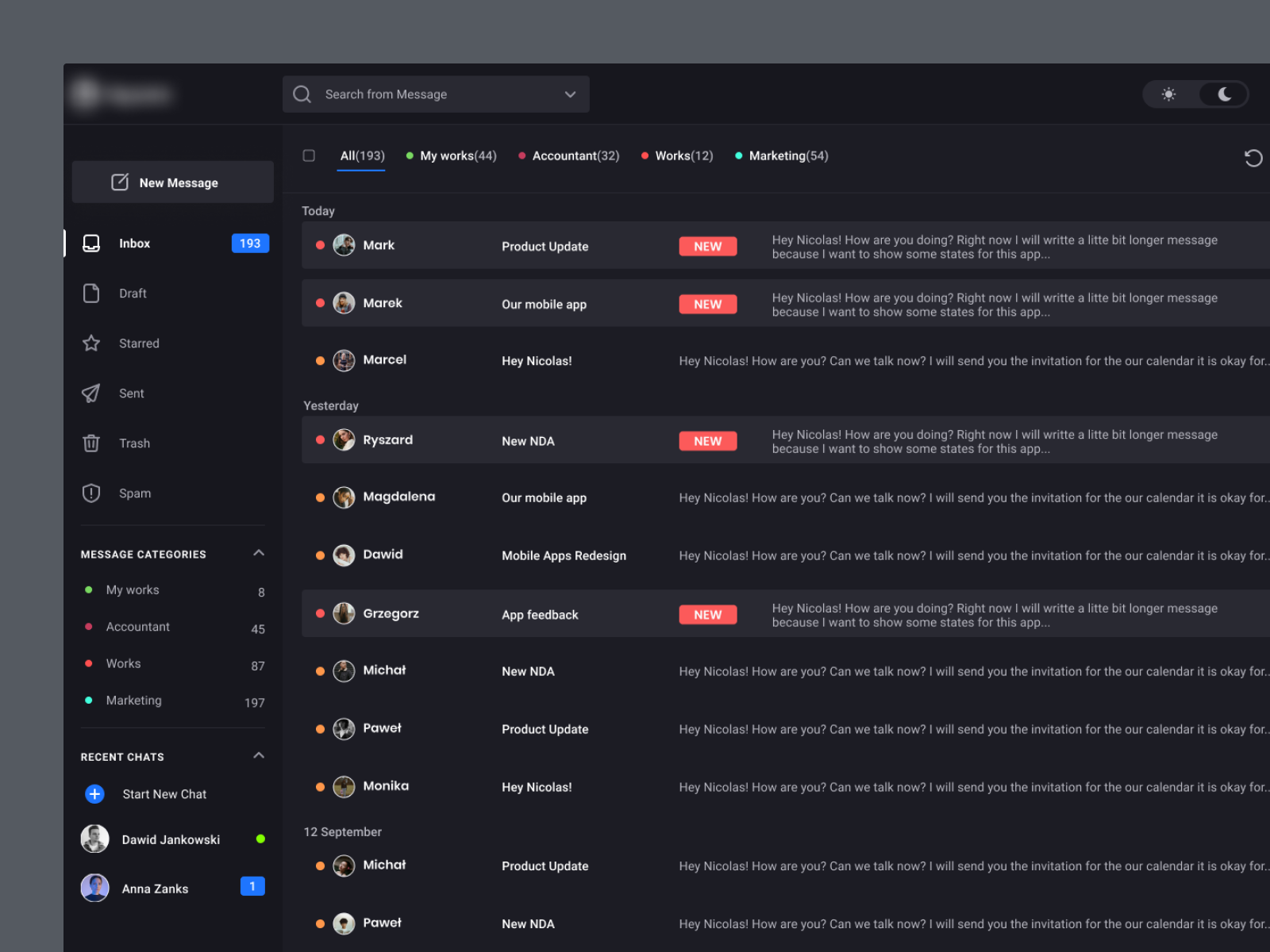 E-mail Client - Inbox Dark Mode by Dawid Jankowski on Dribbble