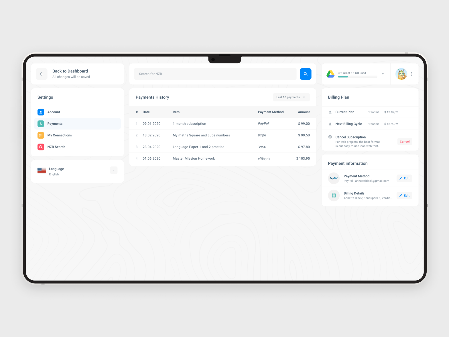 NZB Cloud - Settings Payment by Saint Pie on Dribbble