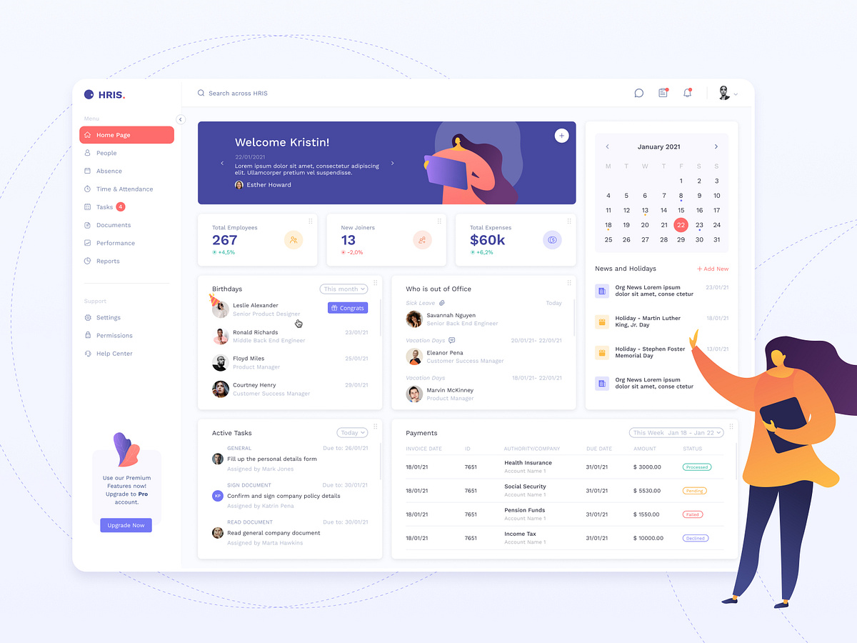HRIS Home Page/Dashboard Design by Alisa Grosheva on Dribbble