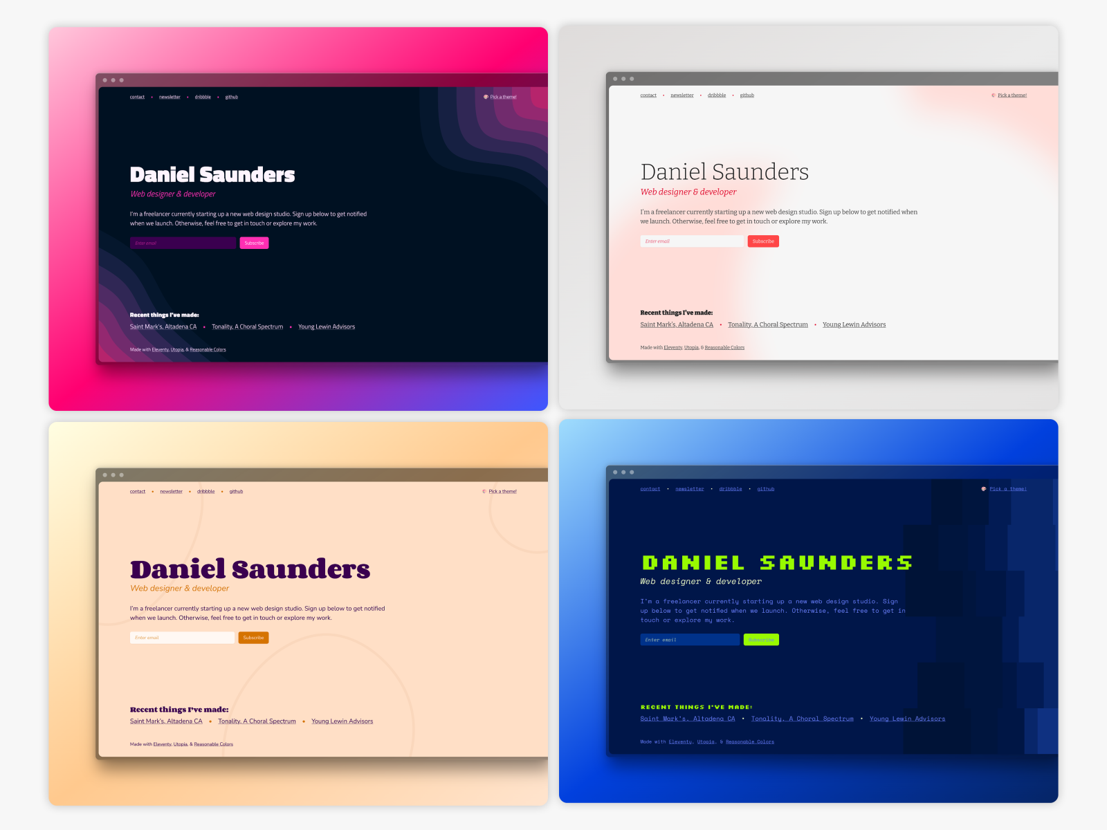 Personal Site with Switchable Themes by Daniel Saunders on Dribbble