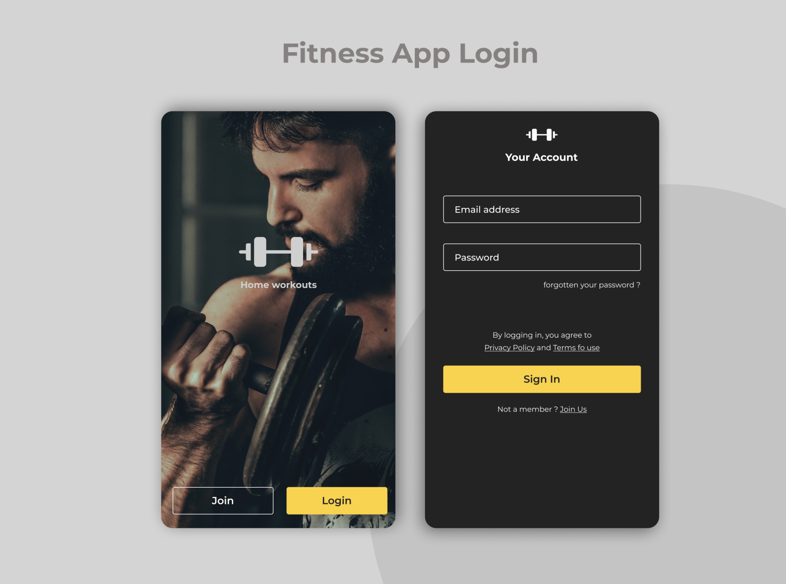 Fitness app login by Vaisakh Mv on Dribbble