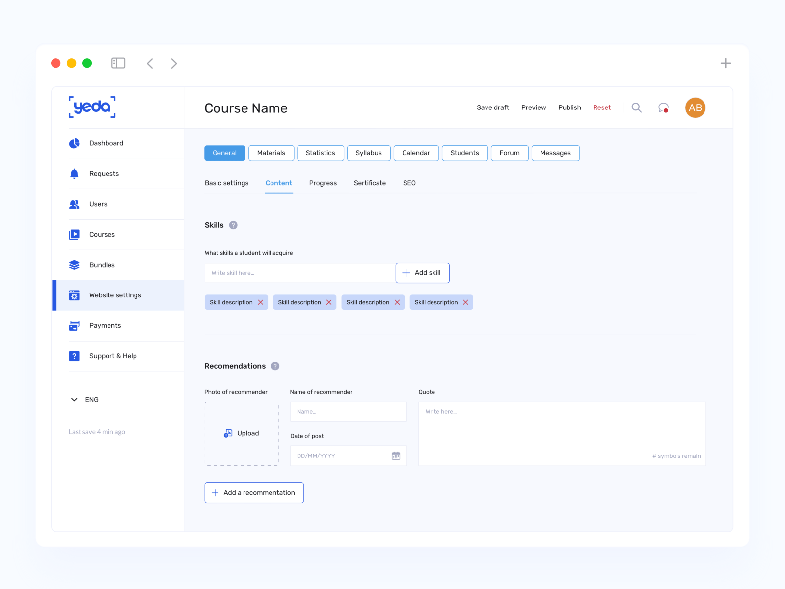 Course page settings (admin panel) by Igor Kaufman on Dribbble