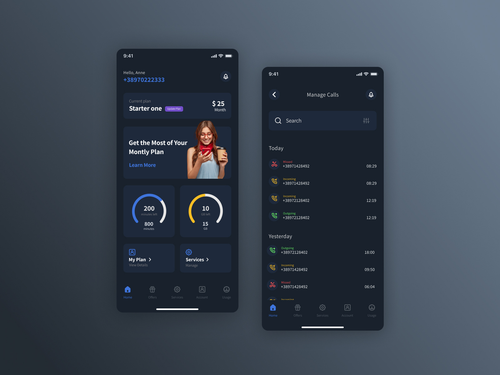 Telecom App UI by Antonio Hristovski on Dribbble