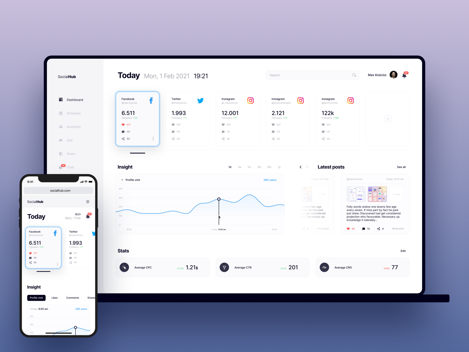 SocialHub - Multi Account Social Media Dashboard by Max Kościsz on Dribbble