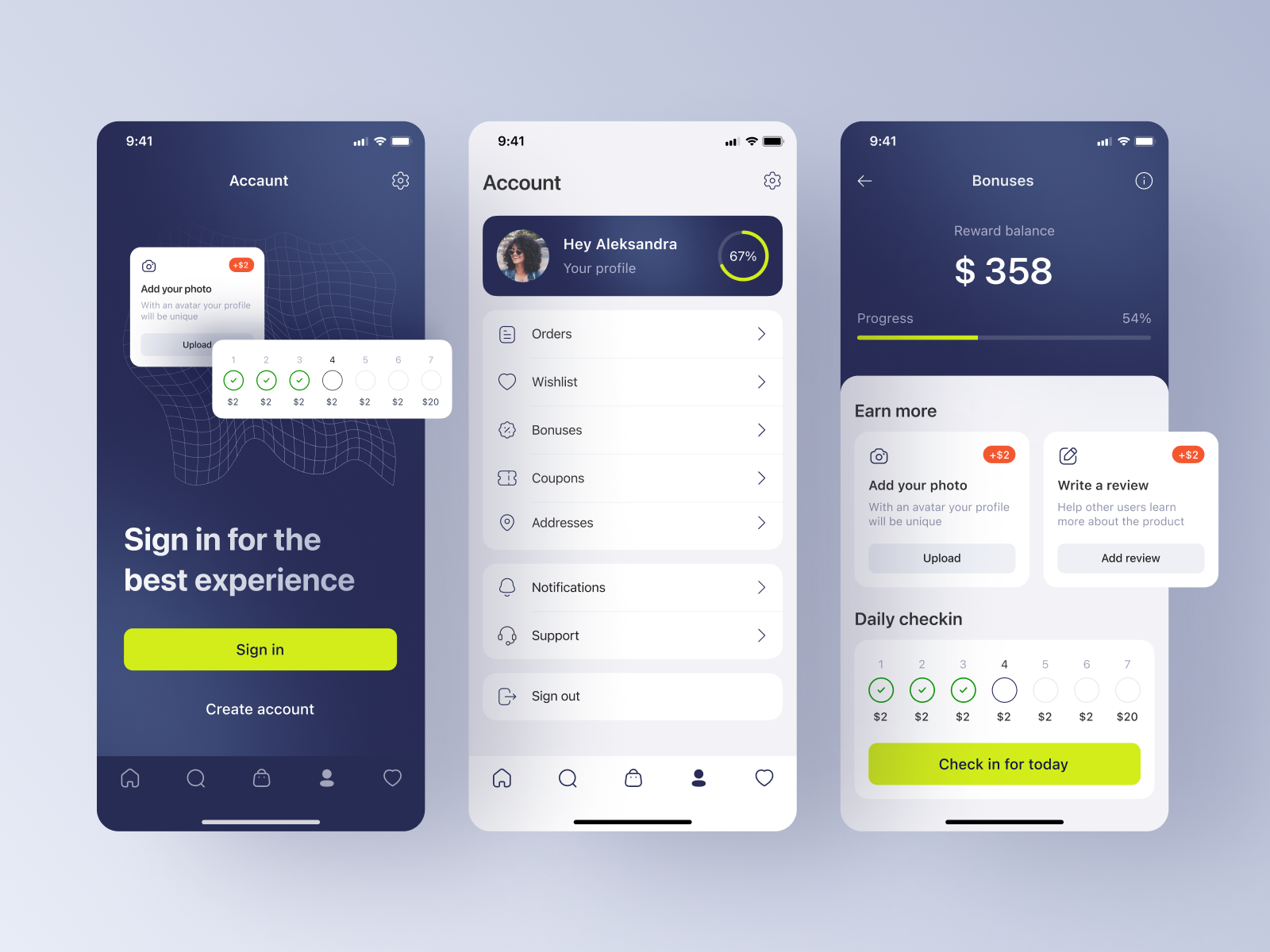 Mobile app - loyalty program & account screens by Iryna on Dribbble