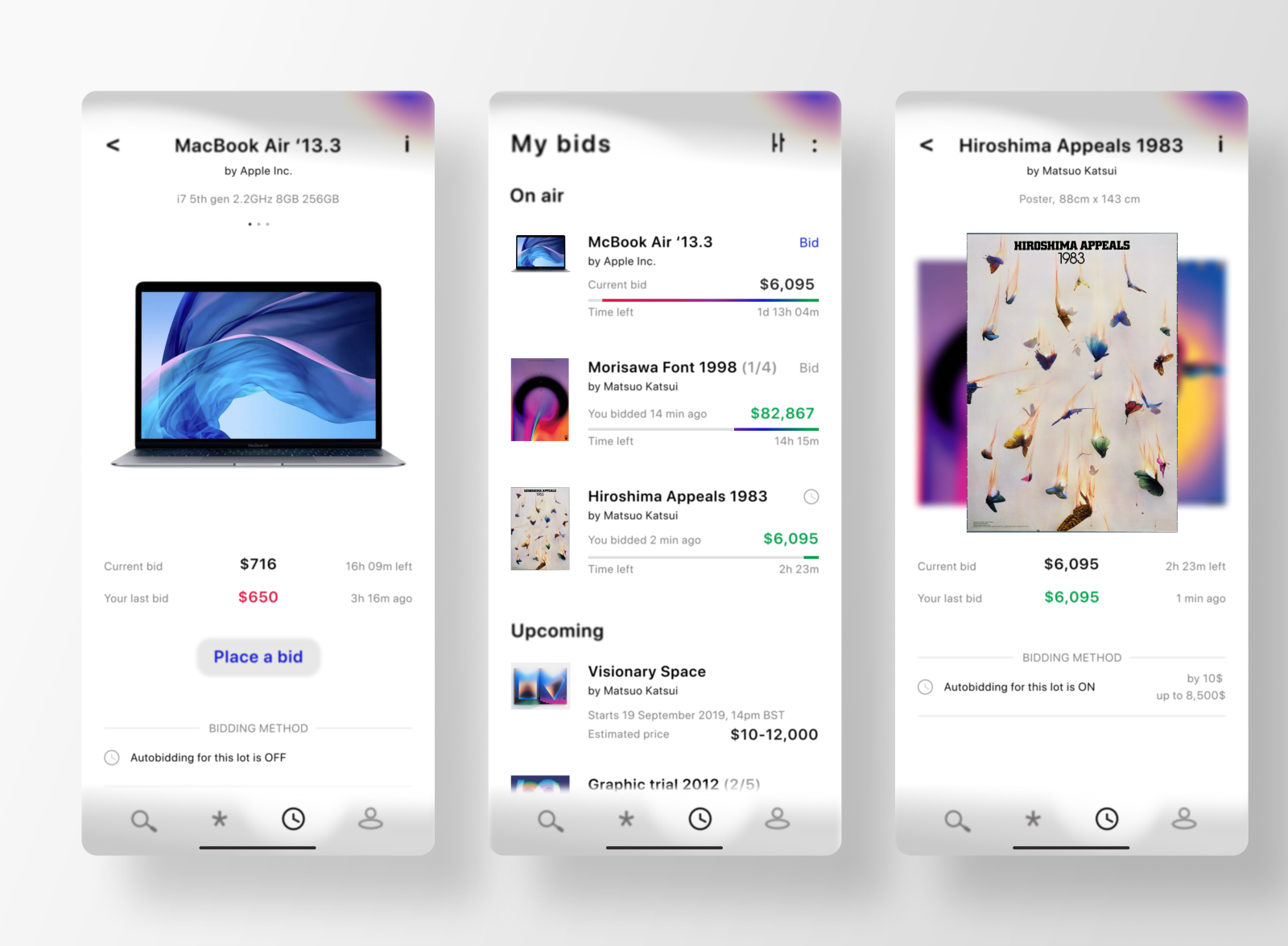 Auction App Redesign, inspired by Mitsuo Katsui by Tasha on Dribbble
