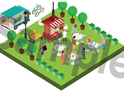 Isometric Drawing for a food cart, stall with customers by Bhawna ...