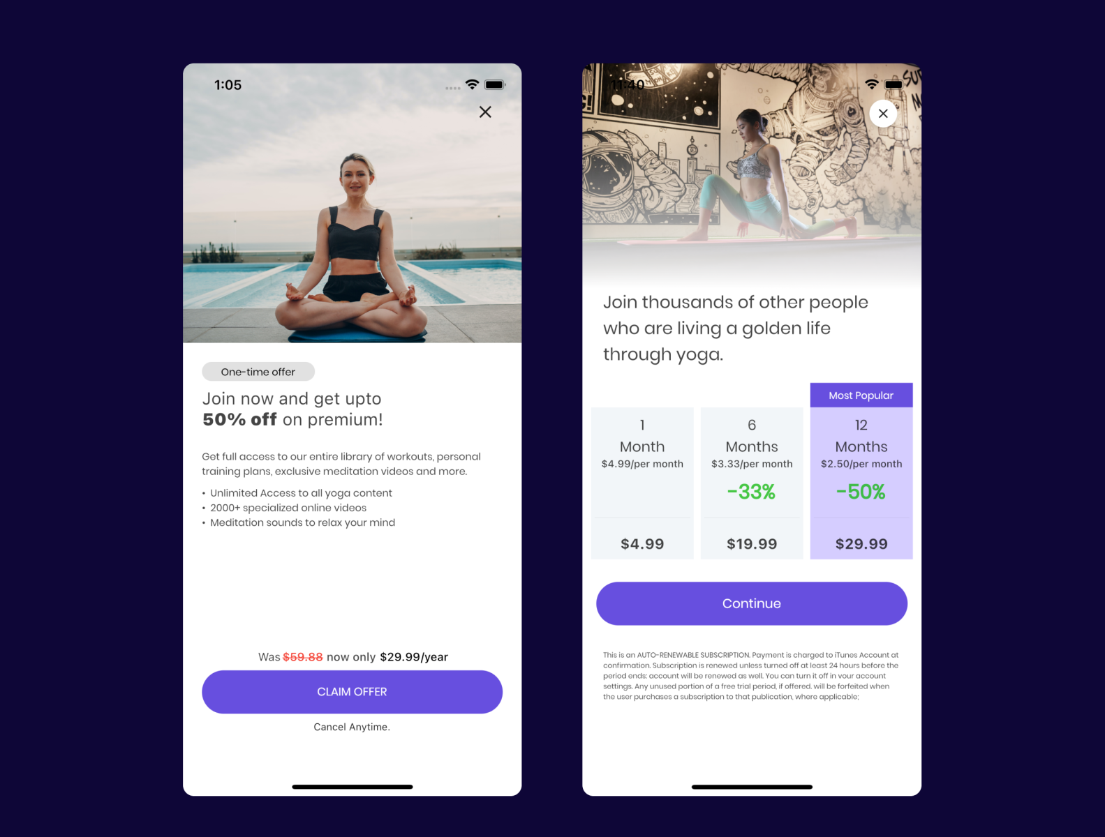 Yoga App Subscription Page UI by Chetan Kaushik on Dribbble