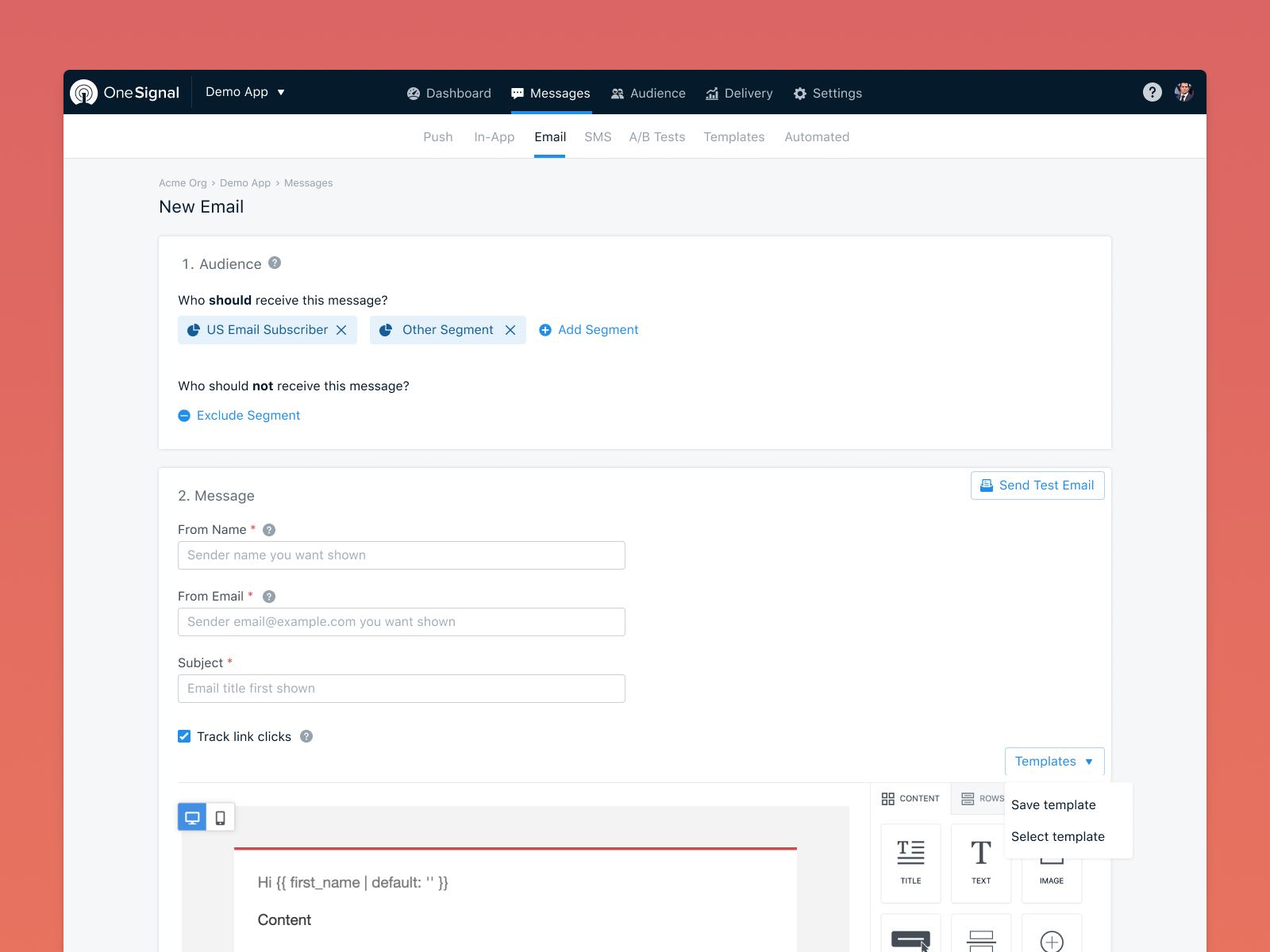 OneSignal Refreshed Email Creation UI by 7 for OneSignal on Dribbble