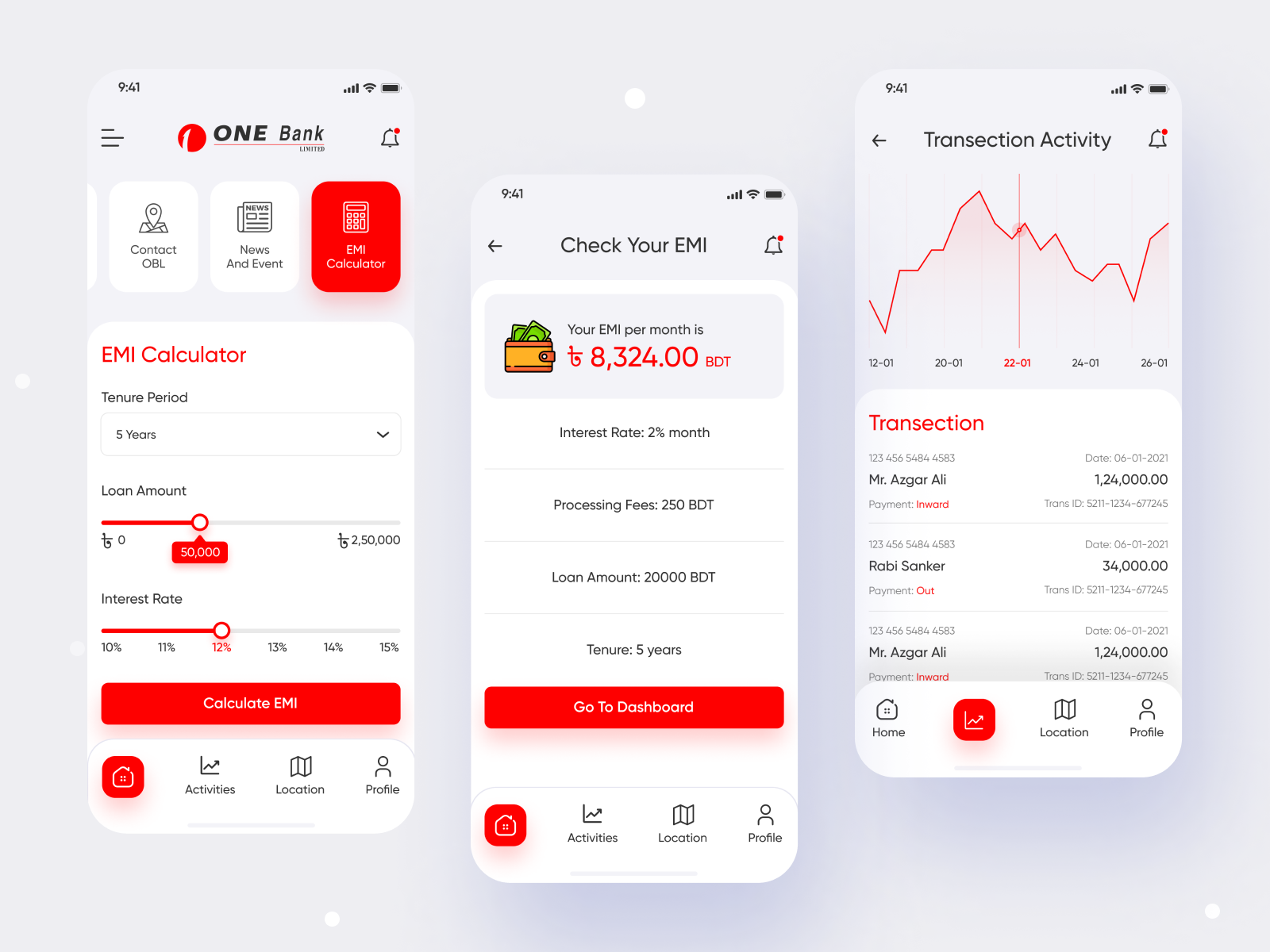 One Bank- EMI Calculation & Transaction Activity Mobile App UI by ...