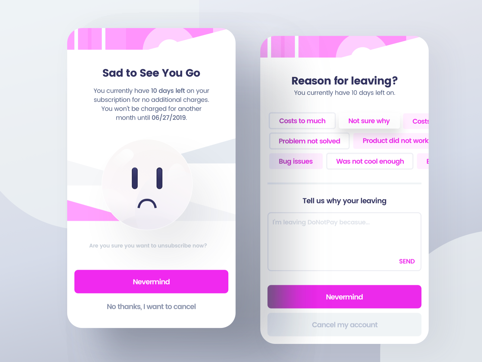 Cancel subscription design flow for DoNotPay by Alex Banaga on Dribbble