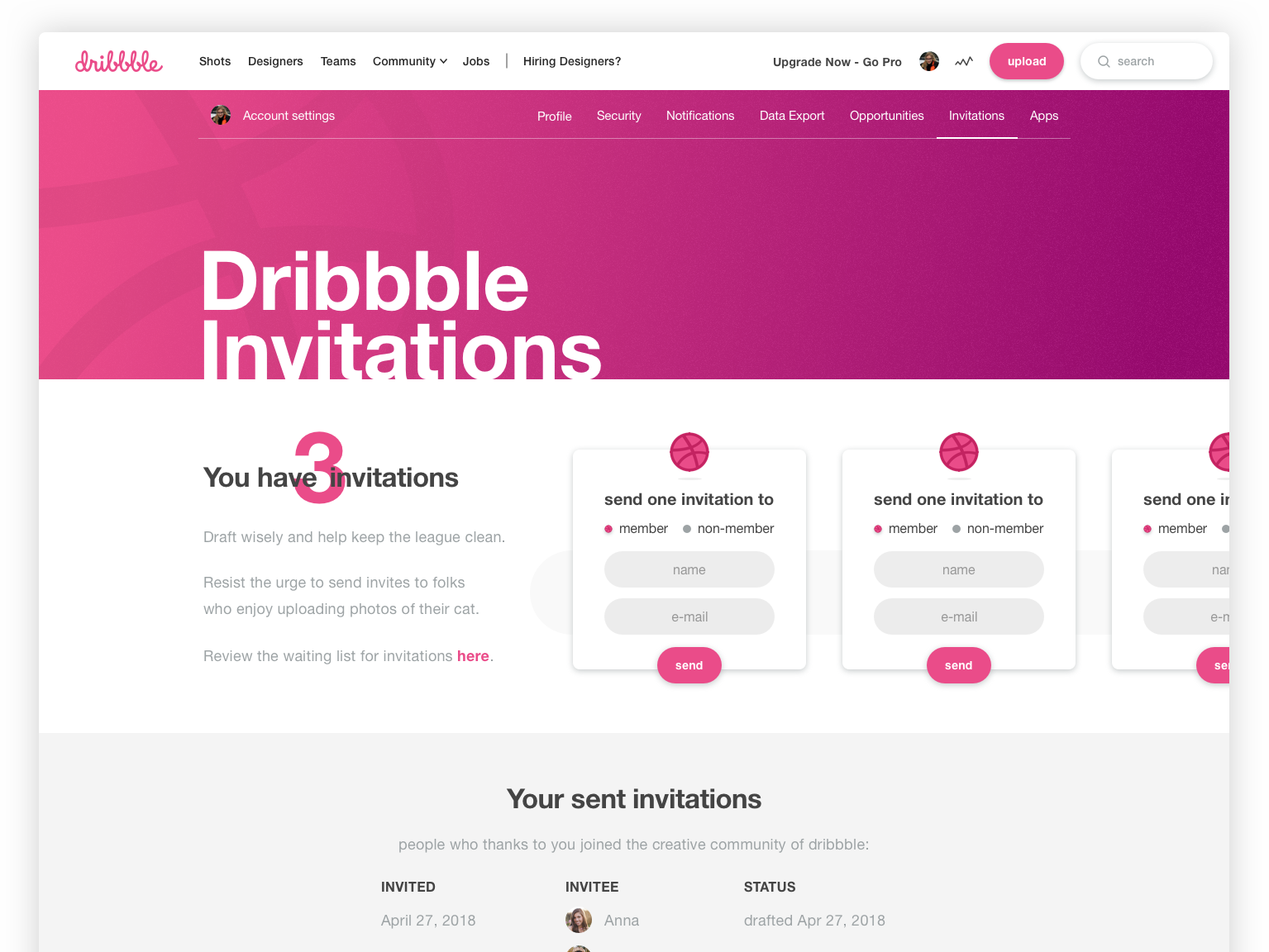 Redesign for dribbble invitations by Agata Dąbkowska on Dribbble