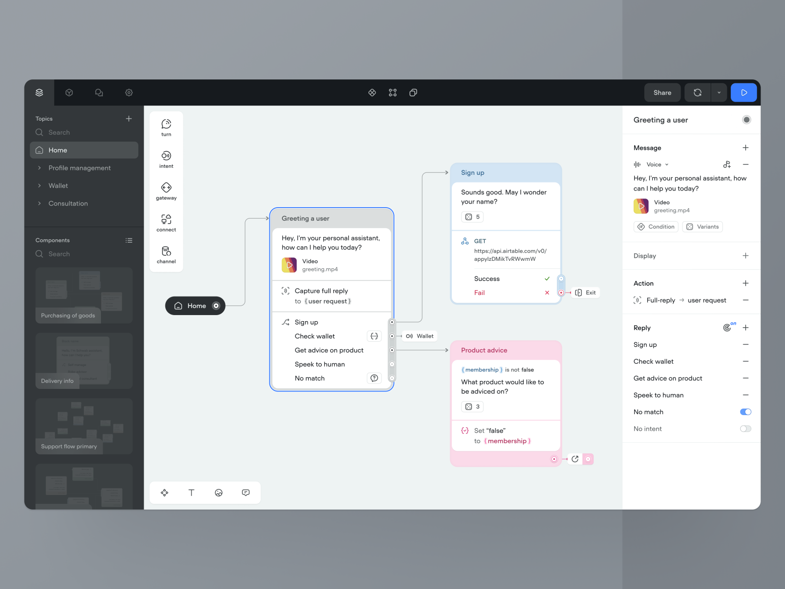 Chatbot builder UI by Gregory Muryn-Mukha on Dribbble