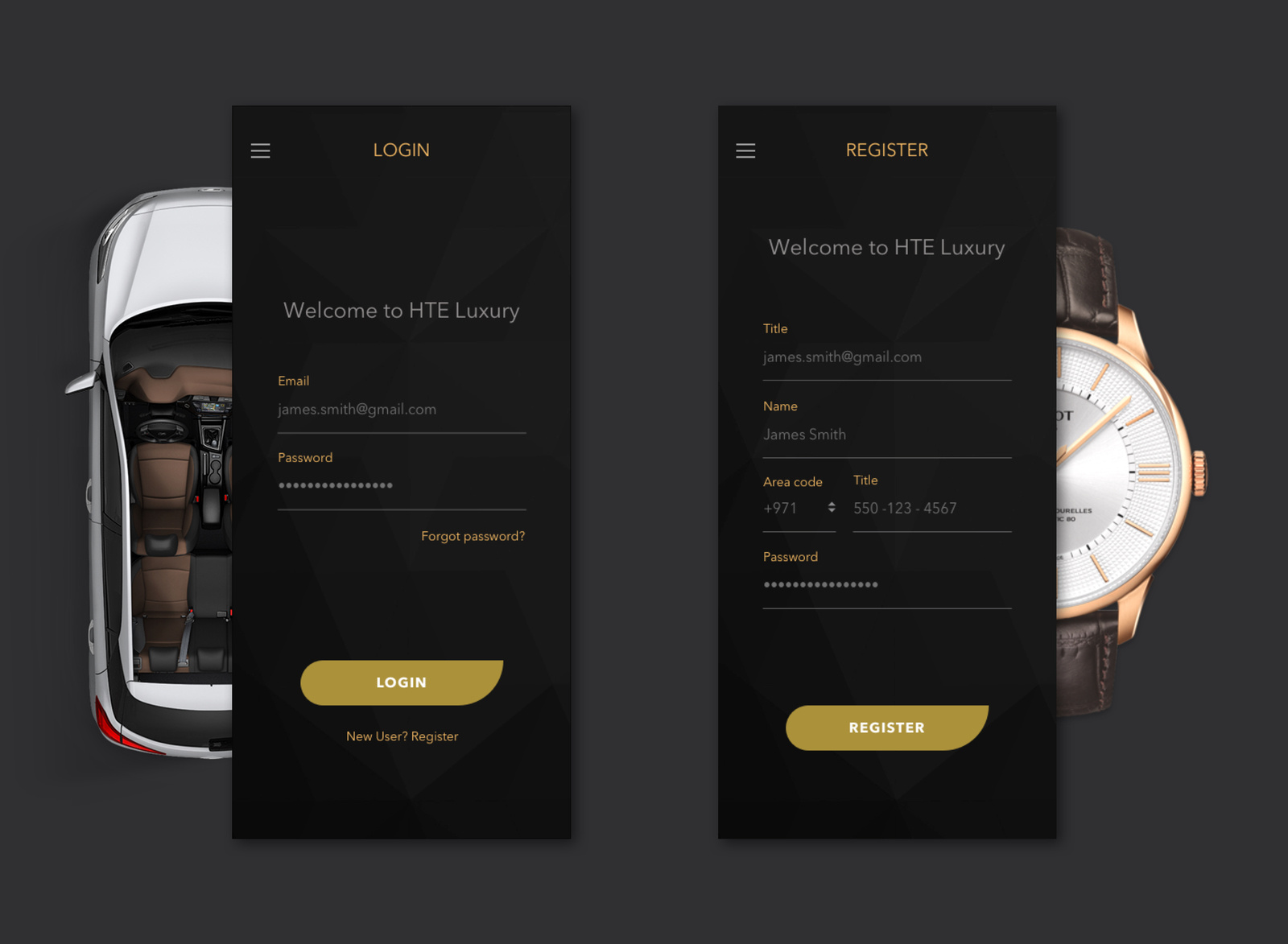 The luxury car & watch App Login/Register screens by ArminKalra on Dribbble