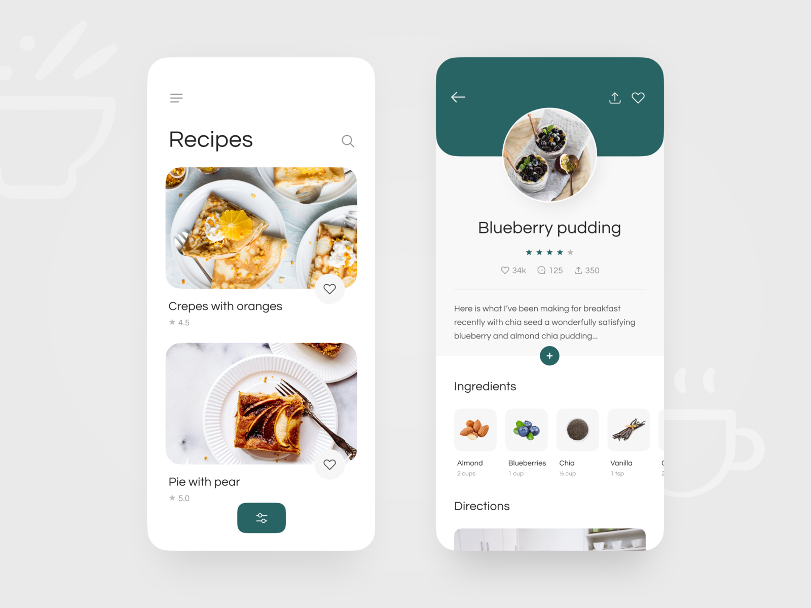 Recipes App UI concept by Olena Vashchuk for Uptech on Dribbble