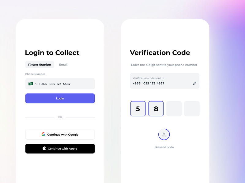 Login with Phone Auth Screens | Mobile App by Reham Al Blehid on Dribbble