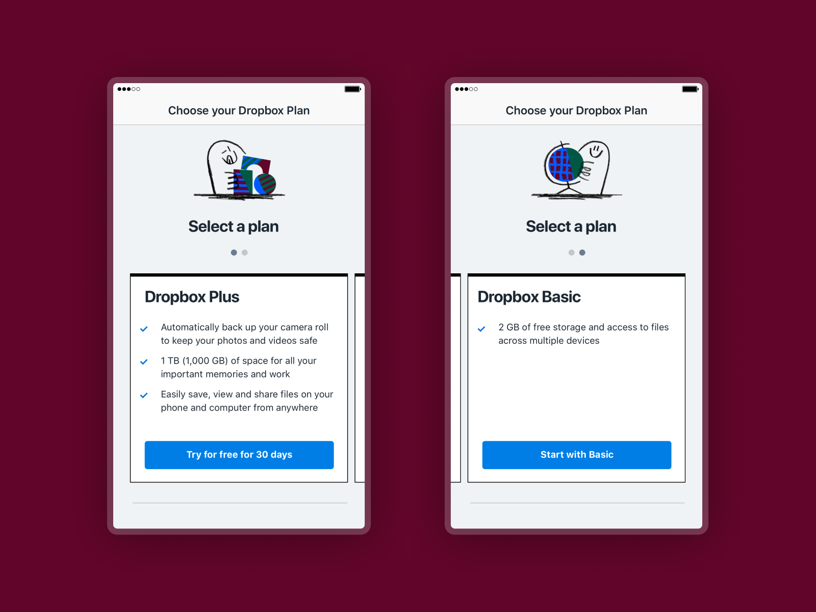 Dropbox mobile plan selection by Liz Osaki on Dribbble