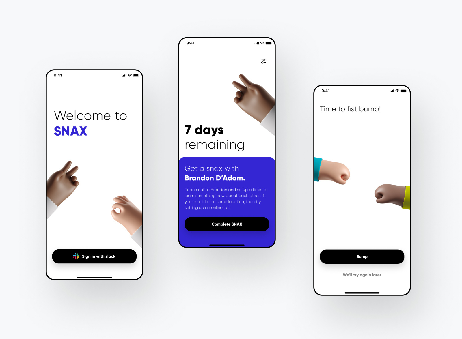 SNAX - Remote Team Fist Bump App by Brandon D'Adam on Dribbble