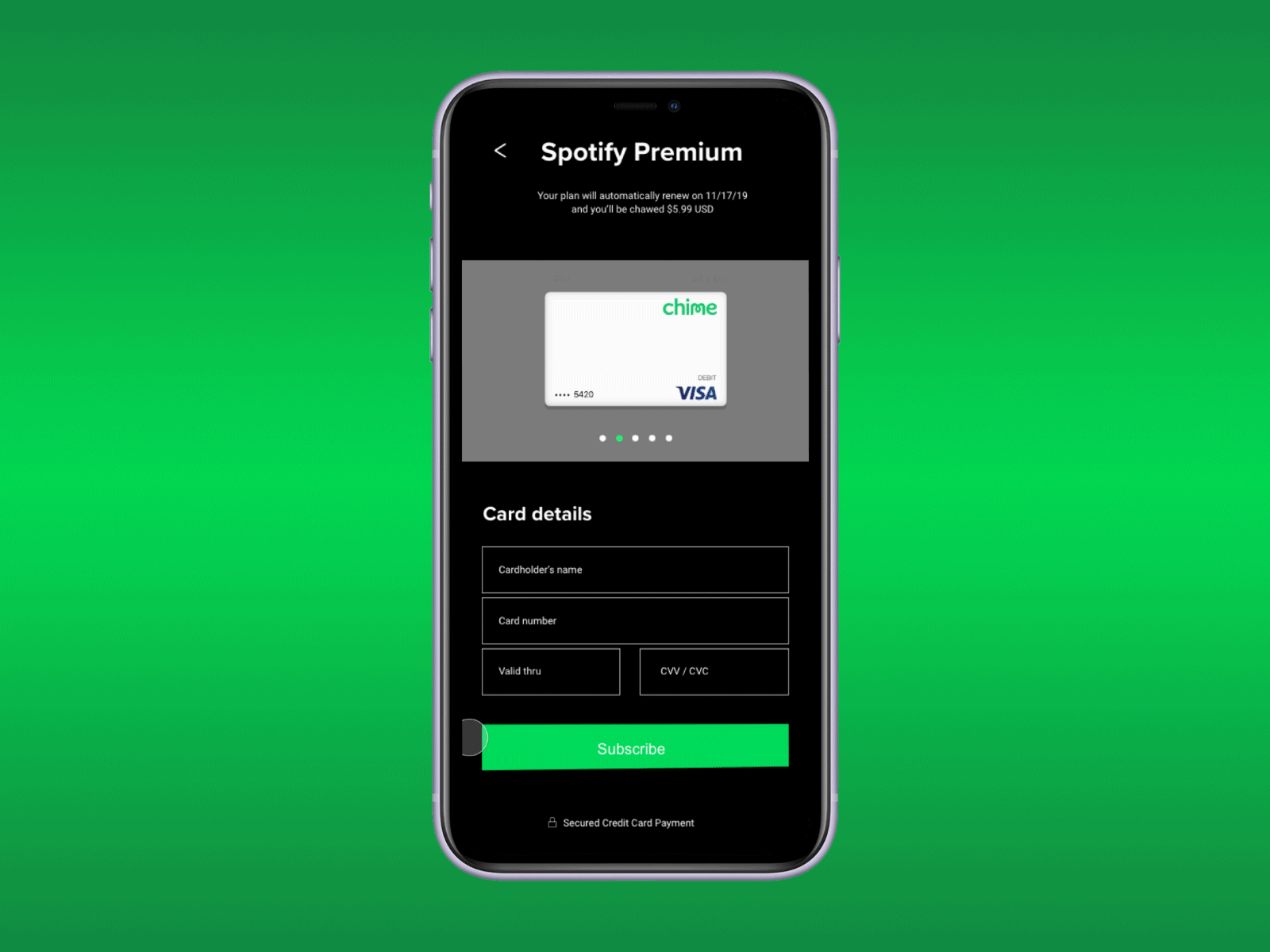 Spotify Credit Card Checkout by Tom Kilgore on Dribbble