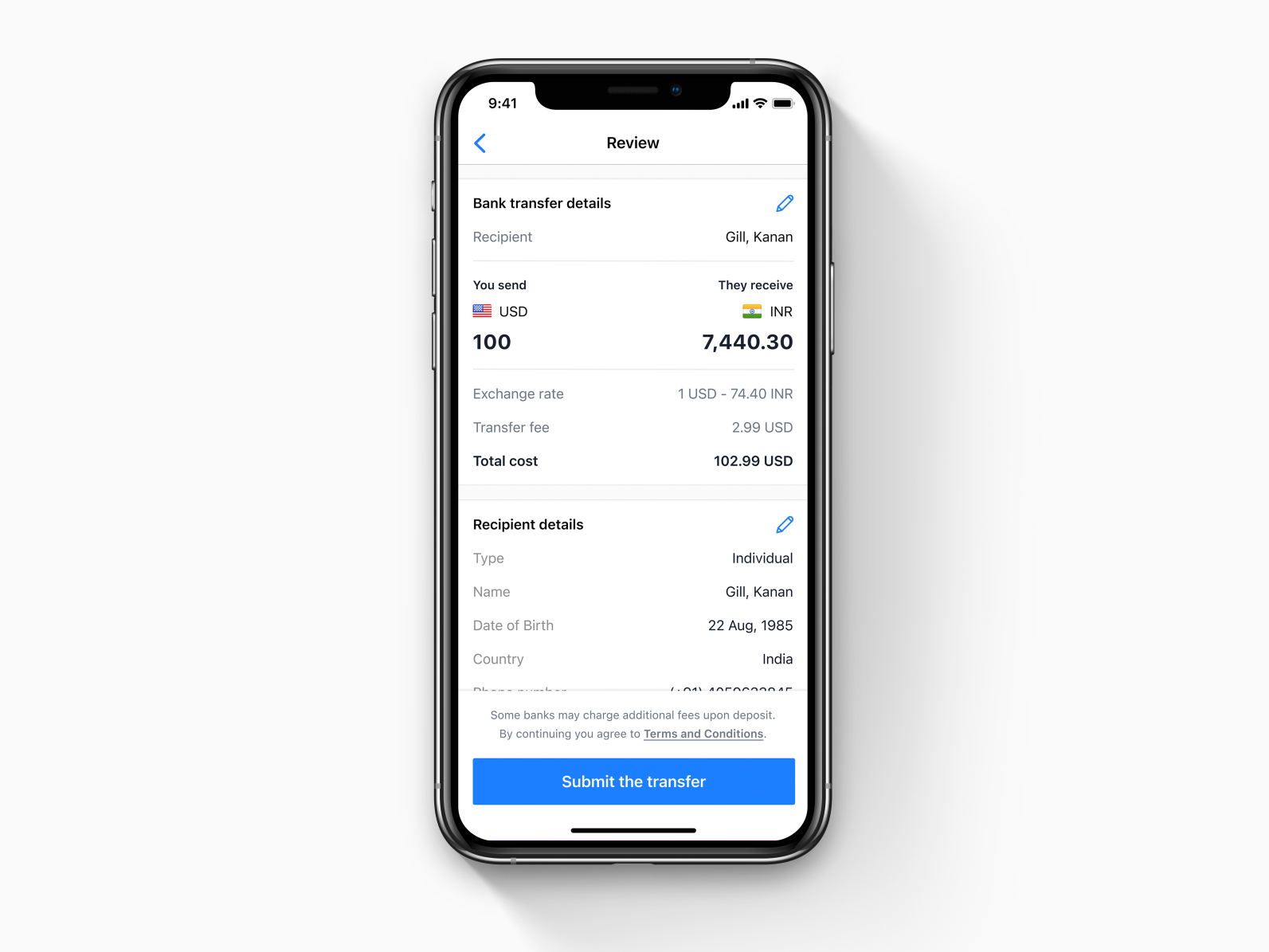 iOS money transfer UI by Peter Grochowski on Dribbble