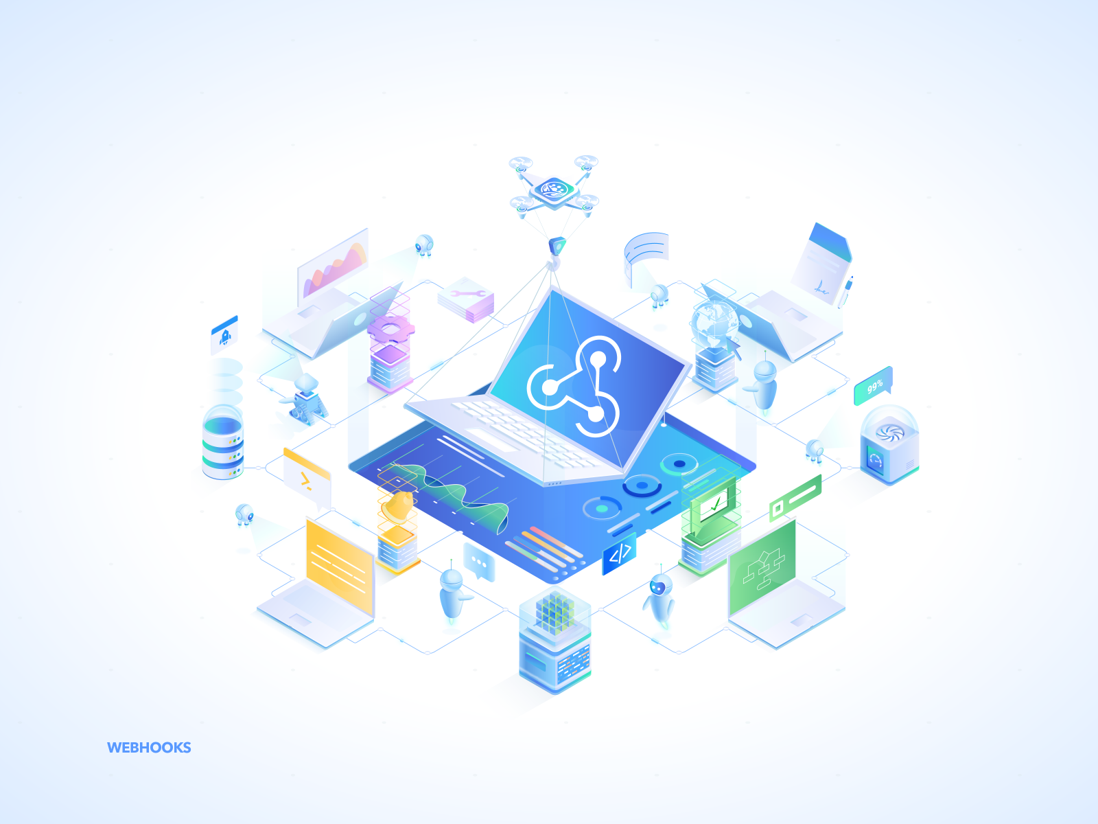 Webhooks isometric illustration for Benekiva by Orbitlix on Dribbble