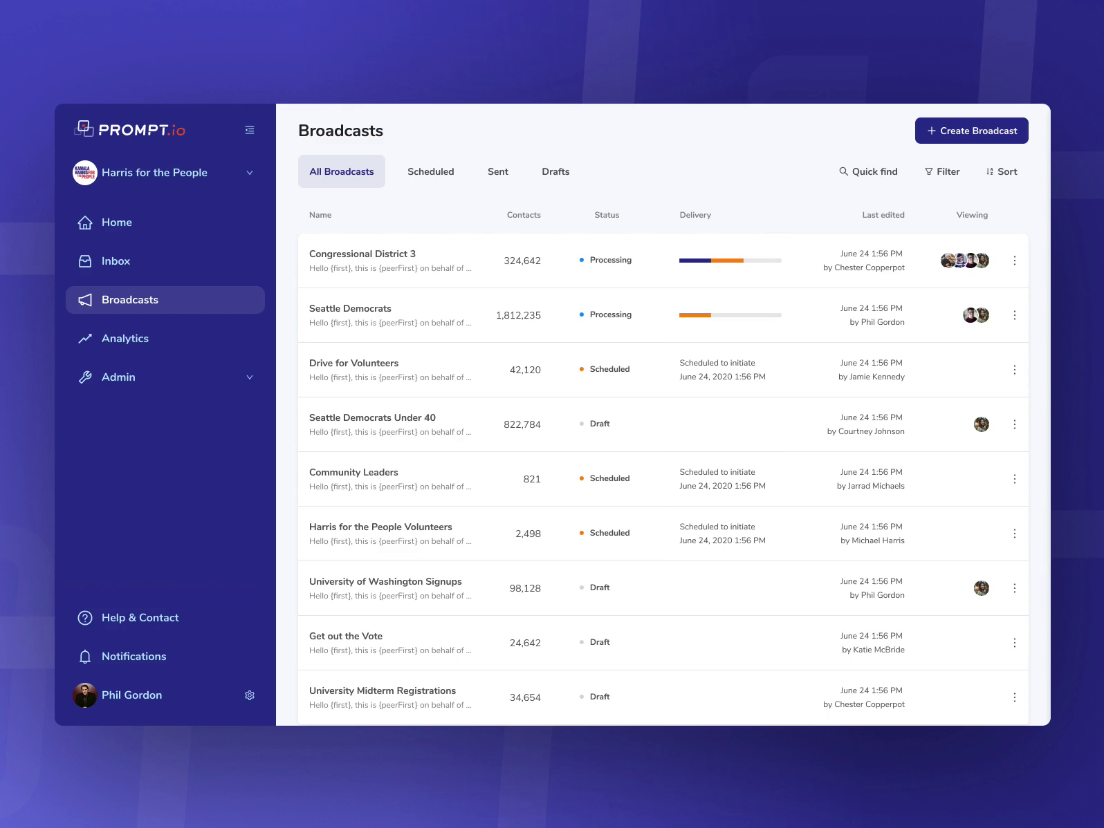 Prompt.io managing broadcasts by Scott Perket for Forge Studio on Dribbble