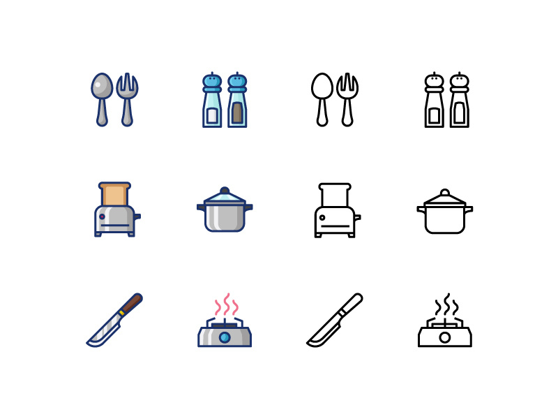 Kitchen utensil icons with filled line and outline style by Andi Nur ...