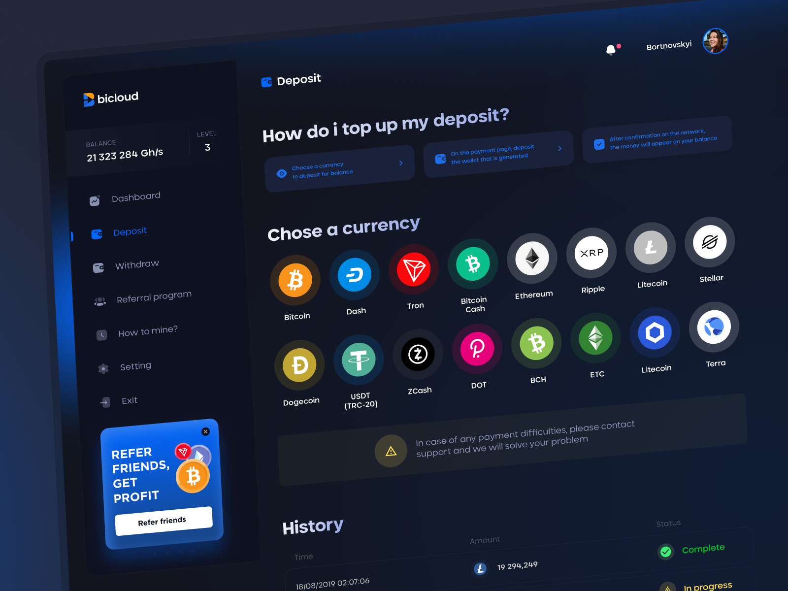 Dashboard for cloud mining by Vlad Bortnovskyi on Dribbble