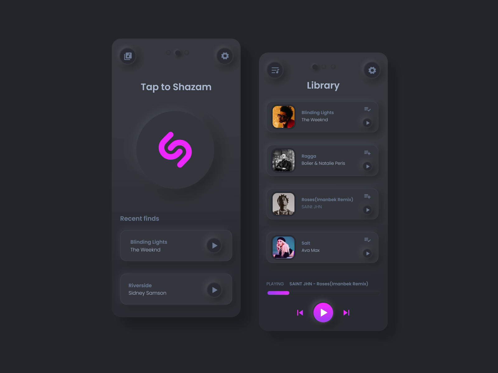 Shazam redesign in dark neomorphism by Marius for TeleSoftas on Dribbble