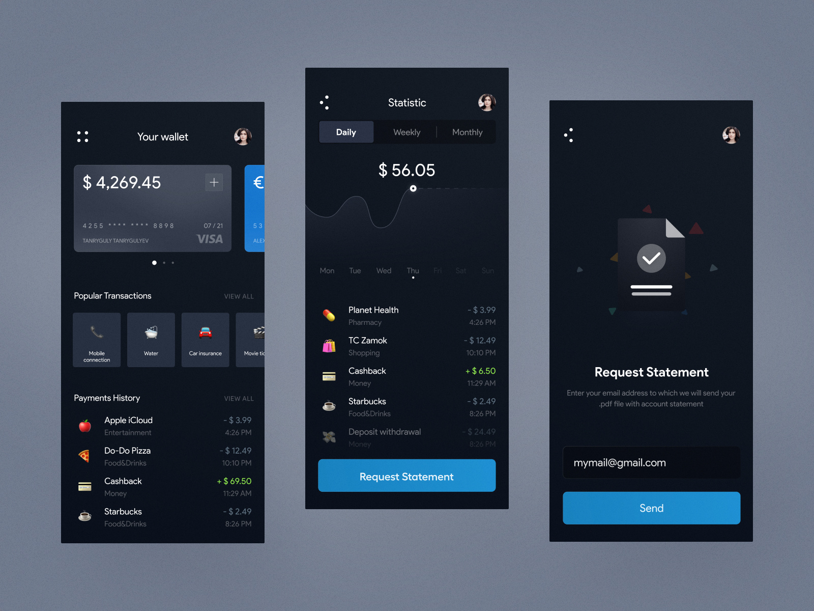 Mobile wallet UI by Tom Svorobovich on Dribbble