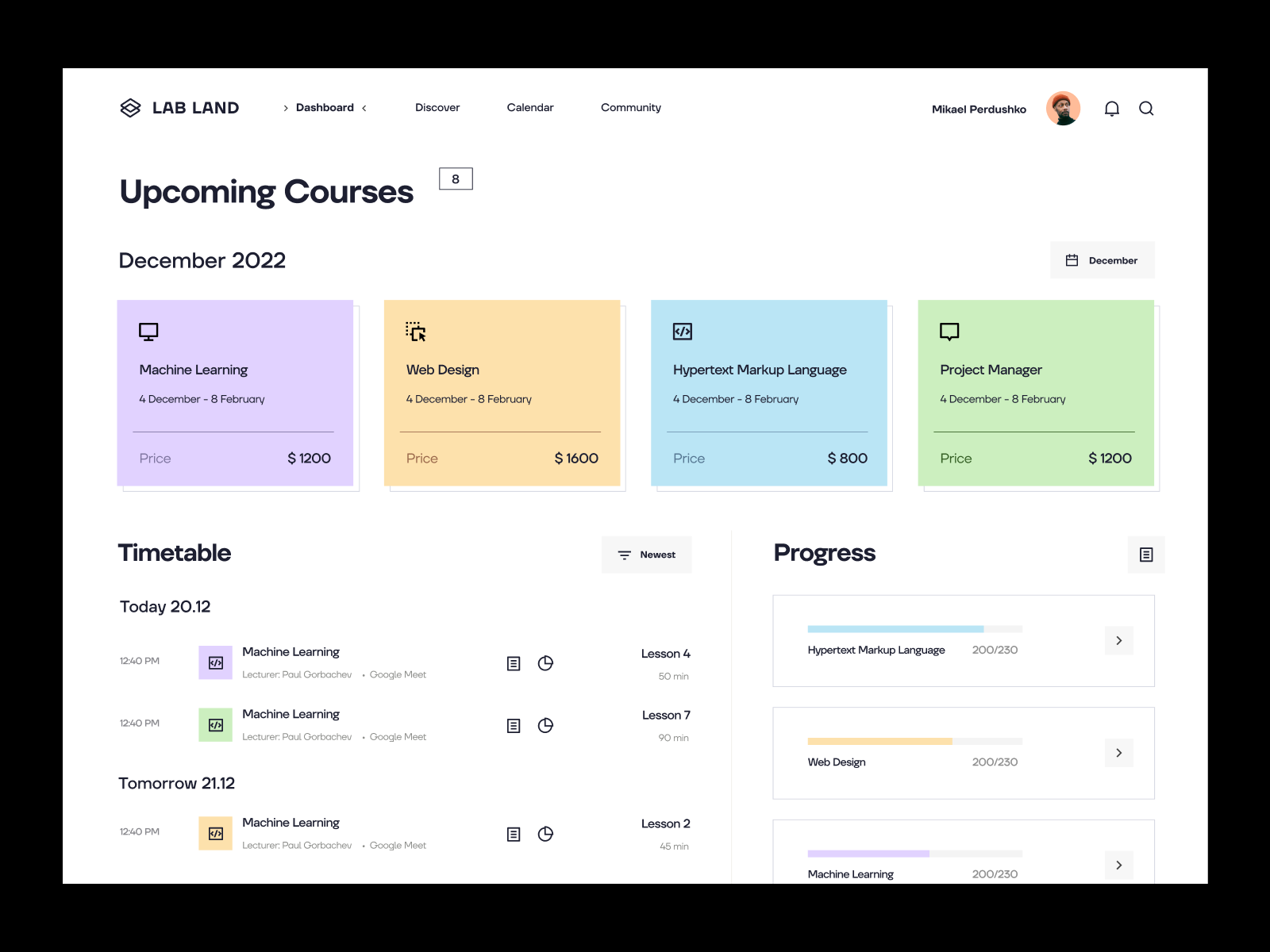 Lab Land Personal Courses Dashboard by Afterglow on Dribbble
