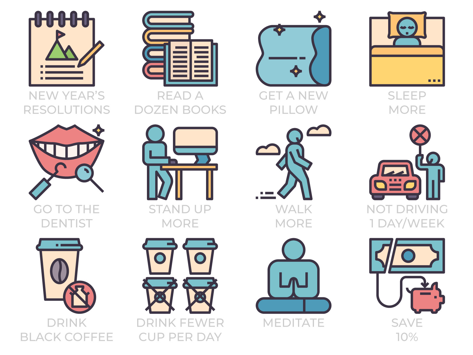 New Year's Resolutions Icon Set by Becris on Dribbble