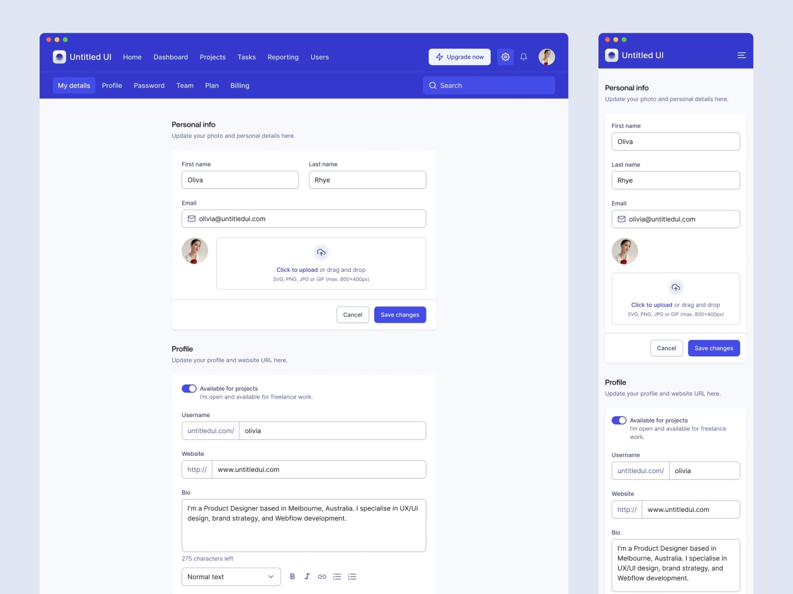 My details settings page — Untitled UI by Jordan Hughes® on Dribbble