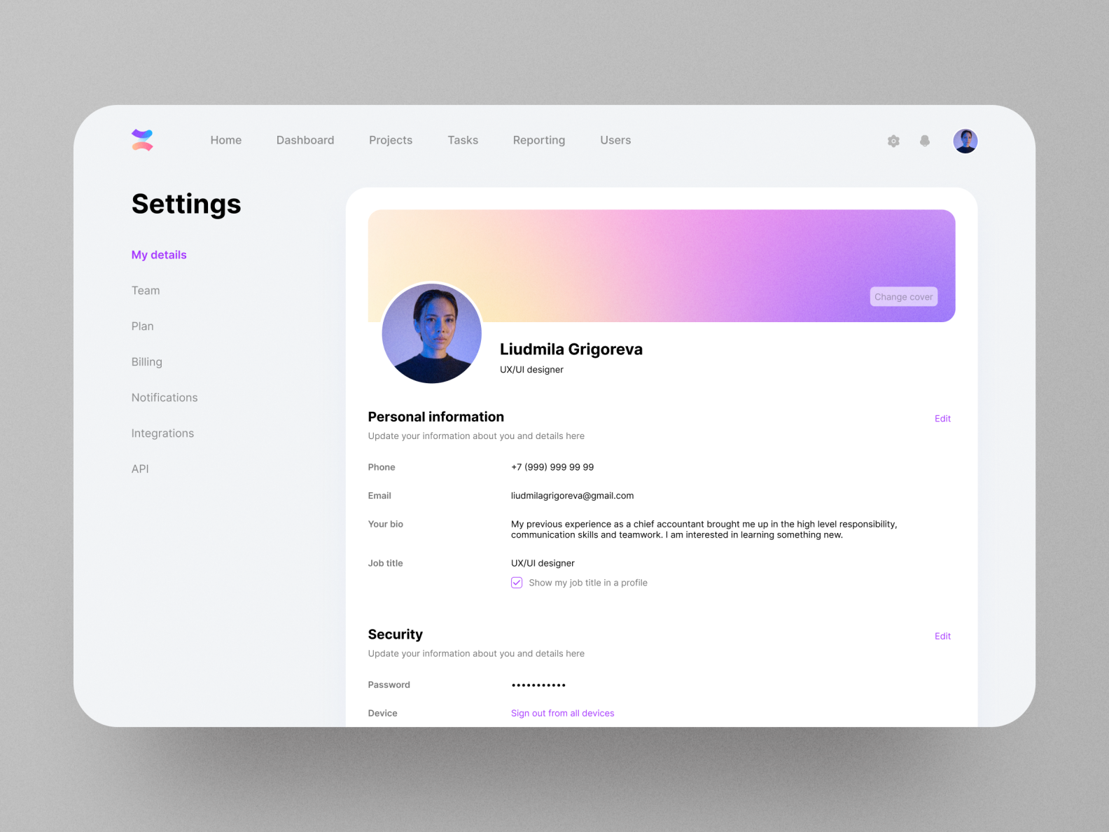 My details profile settings - DailyUI #6 by Lyudmila Grigoreva on Dribbble
