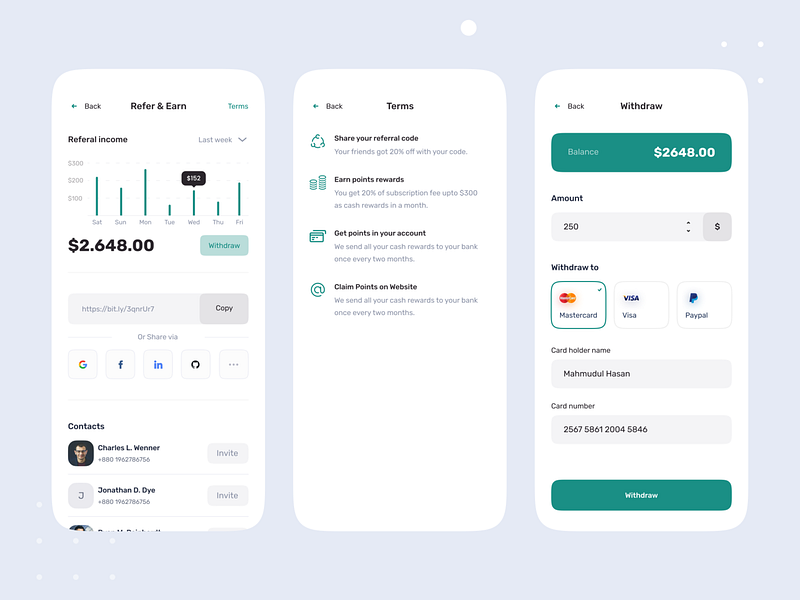 Referral Program App UI Design by Mahmudul Hasan Manik for Devignedge ...