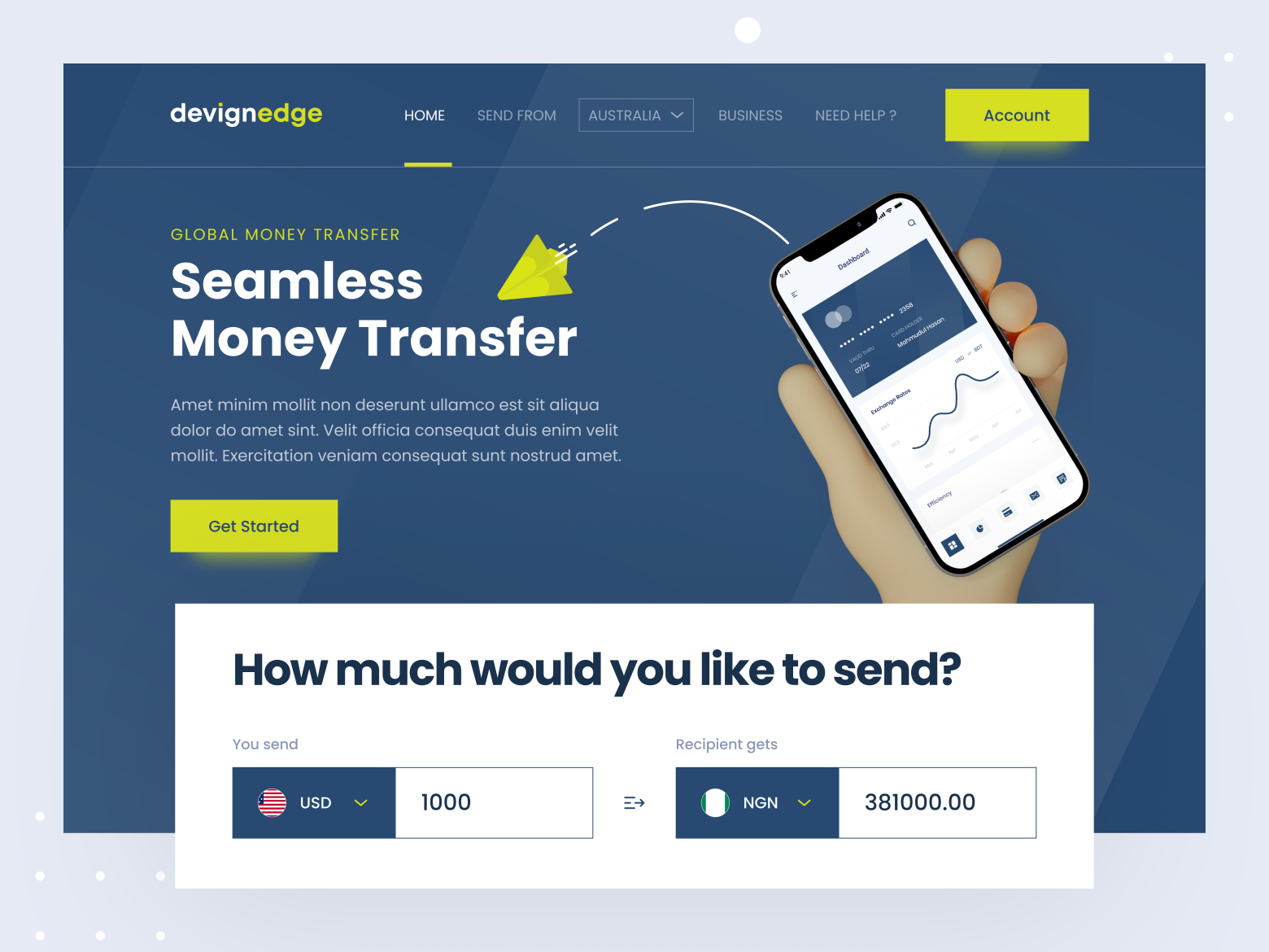 Devignedge - Money Transfer Website Landing Page Header by Mahmudul ...