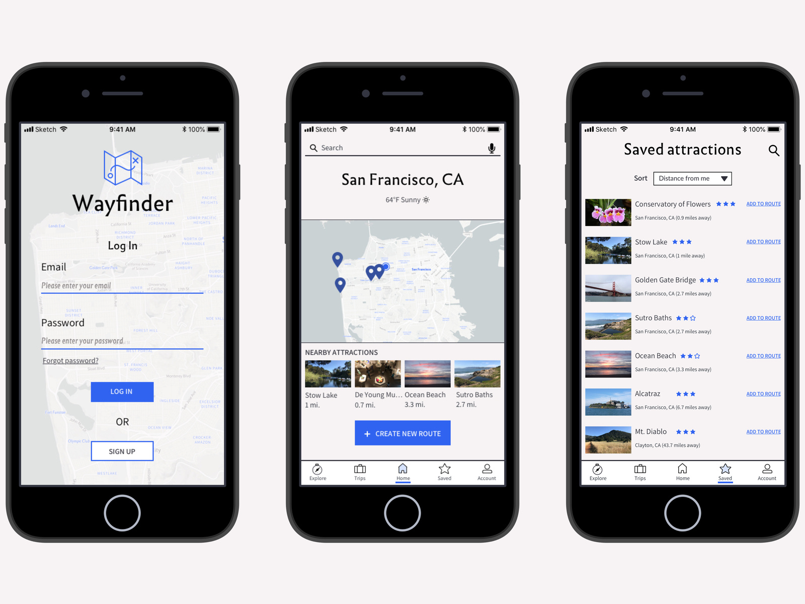 Wayfinder Log In, Home, Saved Attractions by Veronica Lee on Dribbble