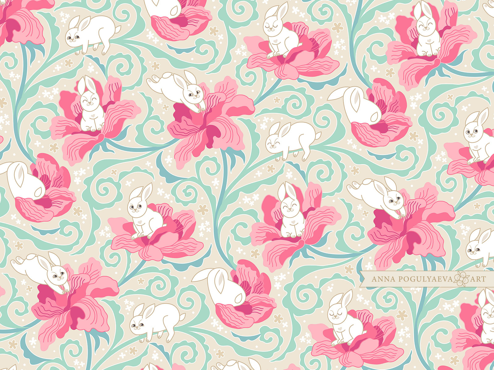 Bunnies and flowers. Textile Design by Anna Pogulyaeva Art on Dribbble