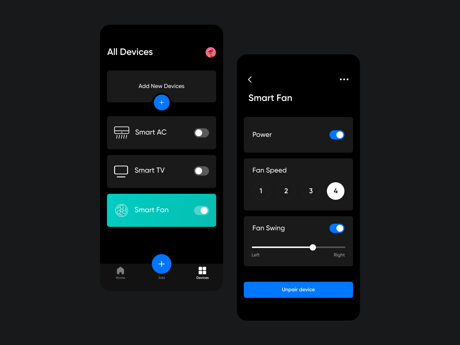 Smart app mobile UI screen Dark theme by Sarath Kumar on Dribbble