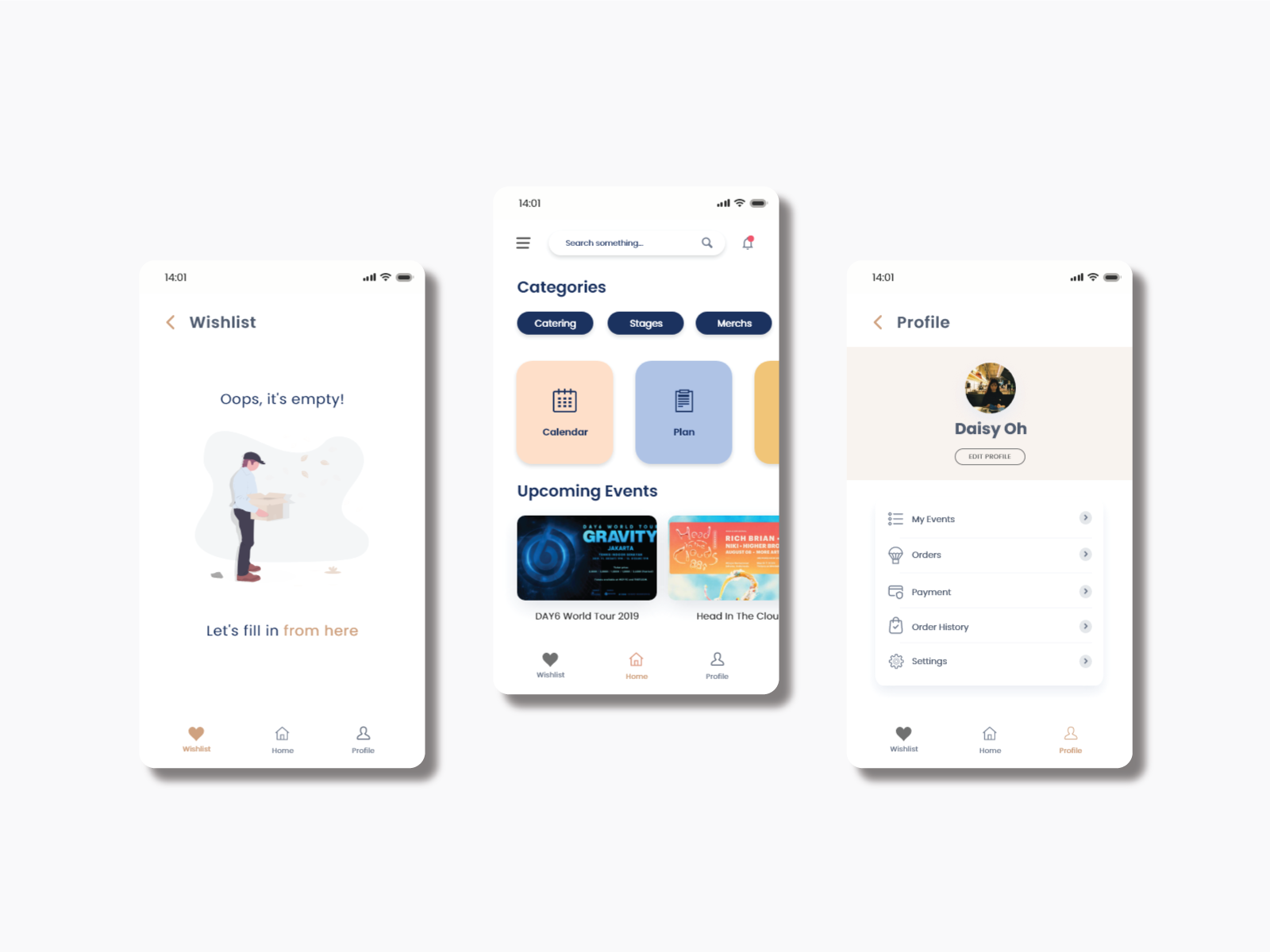 Event Manager App - Home, Profile, Wishlist by Nadia Jasmine on Dribbble
