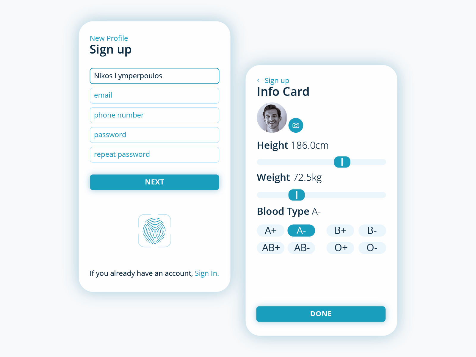 Sign Up & Info Card Screens - UI design by Nikos Lymperopoulos on Dribbble