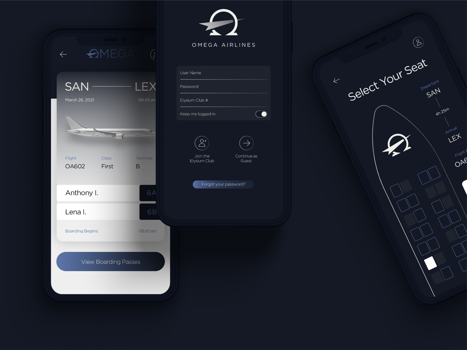 Omega Airlines App Interface by Blake Ingolia on Dribbble