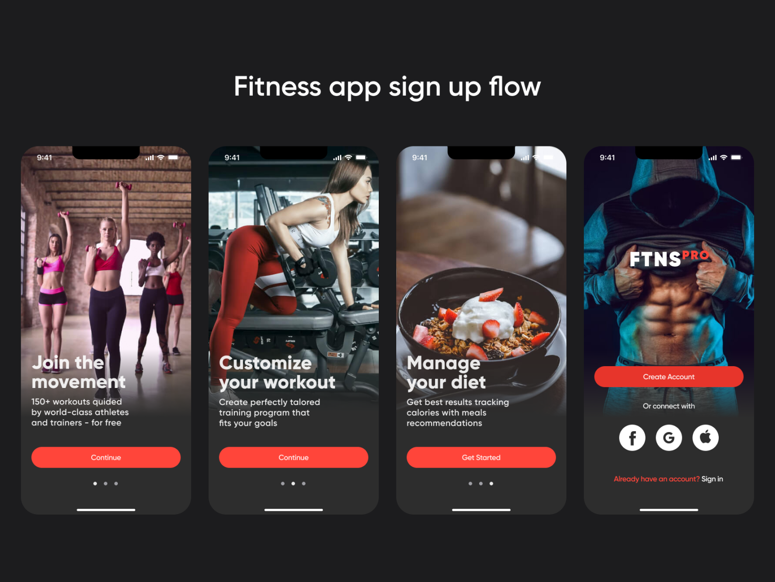 Fitness app sign up flow by Vitaliy Malyushko on Dribbble