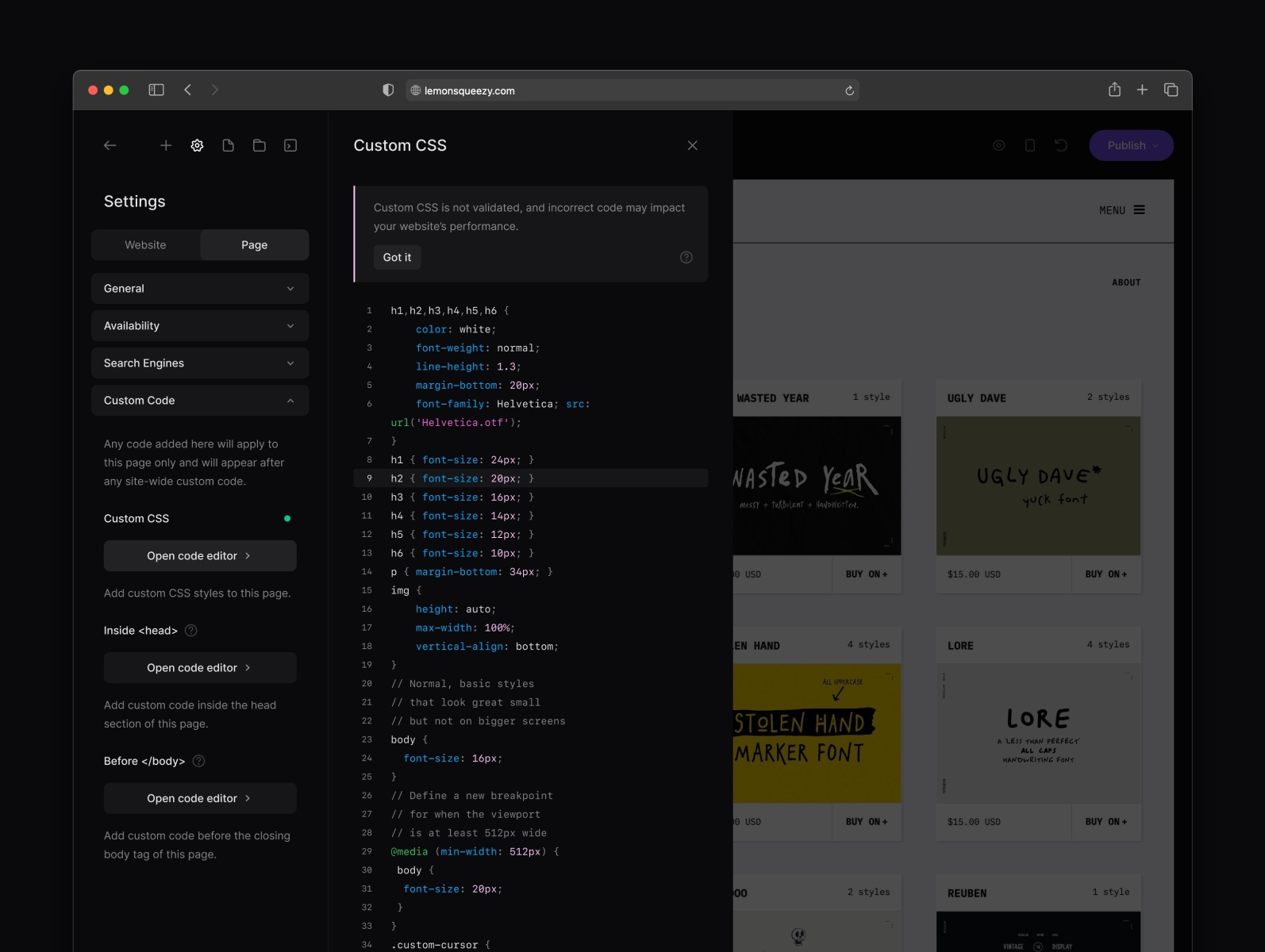 Editor ‣ Custom CSS by Orman Clark for Lemon Squeezy on Dribbble