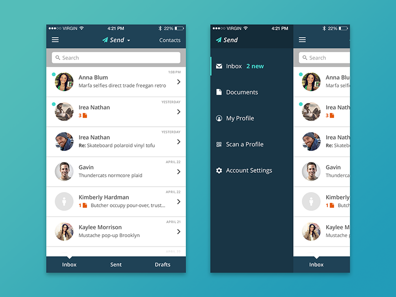 Inbox screen and menu by Spenser Lea on Dribbble