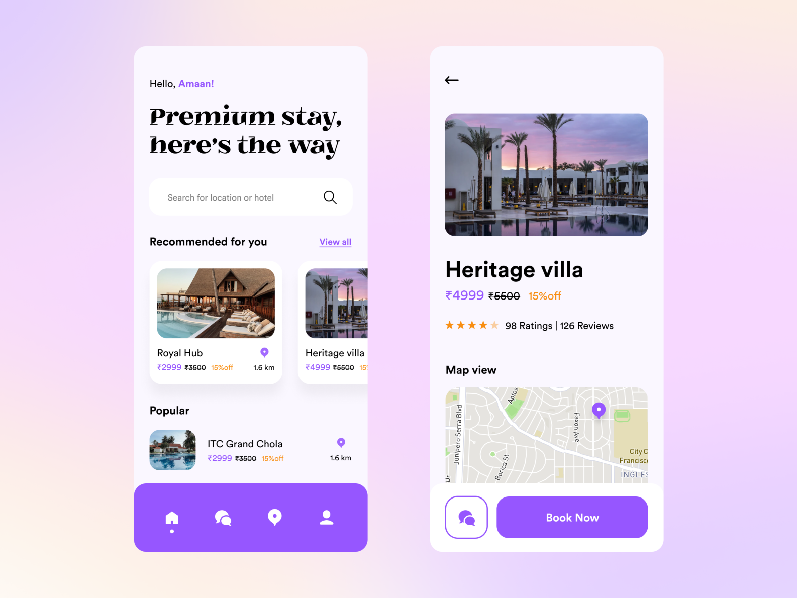Hotel booking mobile app UI by Karthik Rajendiran on Dribbble