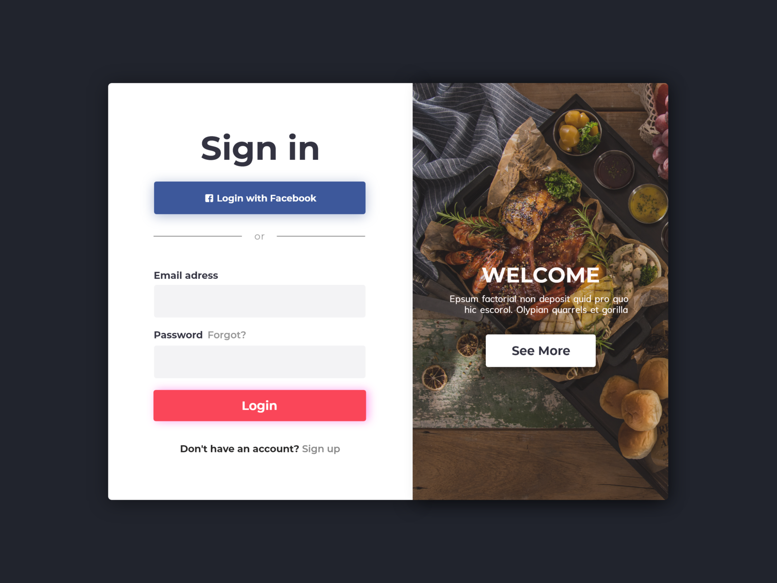 Catering login page dark version by Altay Mammad on Dribbble