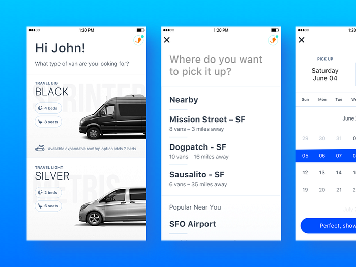 Van Reservation Flow by Alejandro Vizio for Aerolab on Dribbble