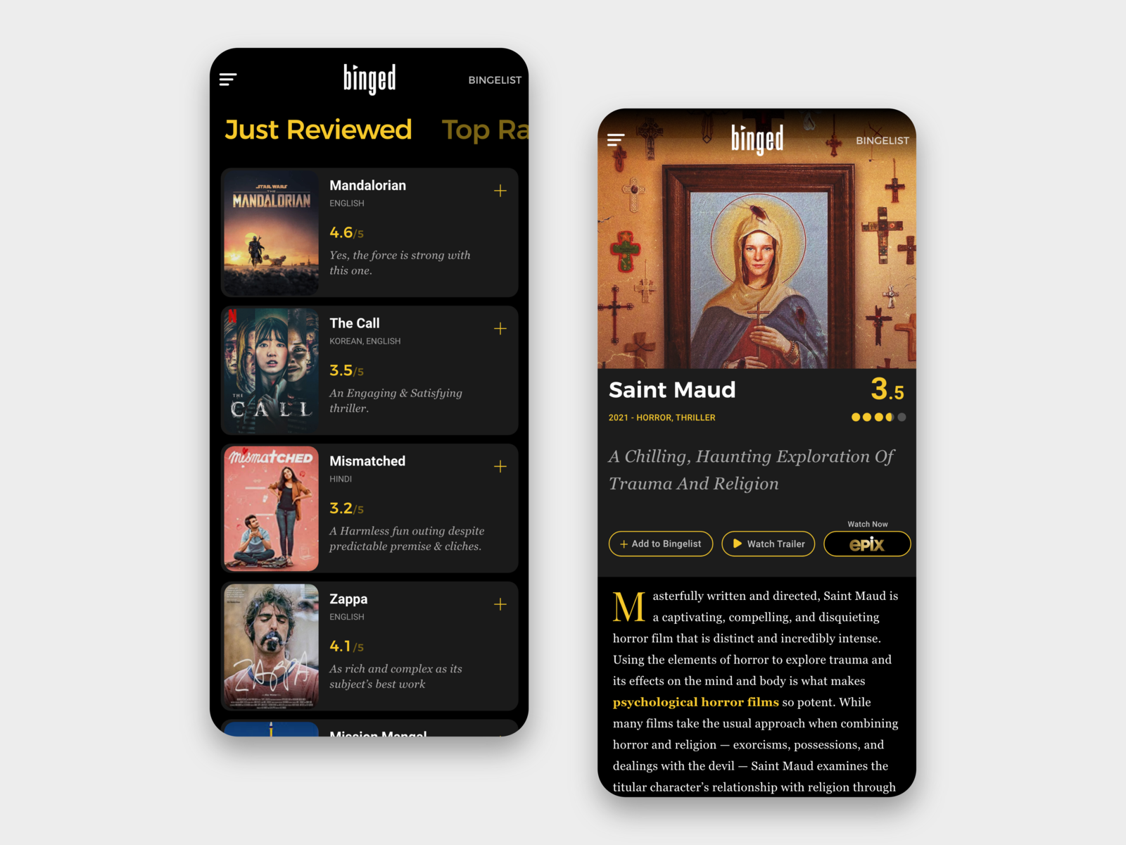 Binged - Movies & TV Mobile Interface by Yeswanth Mohana Velu on Dribbble