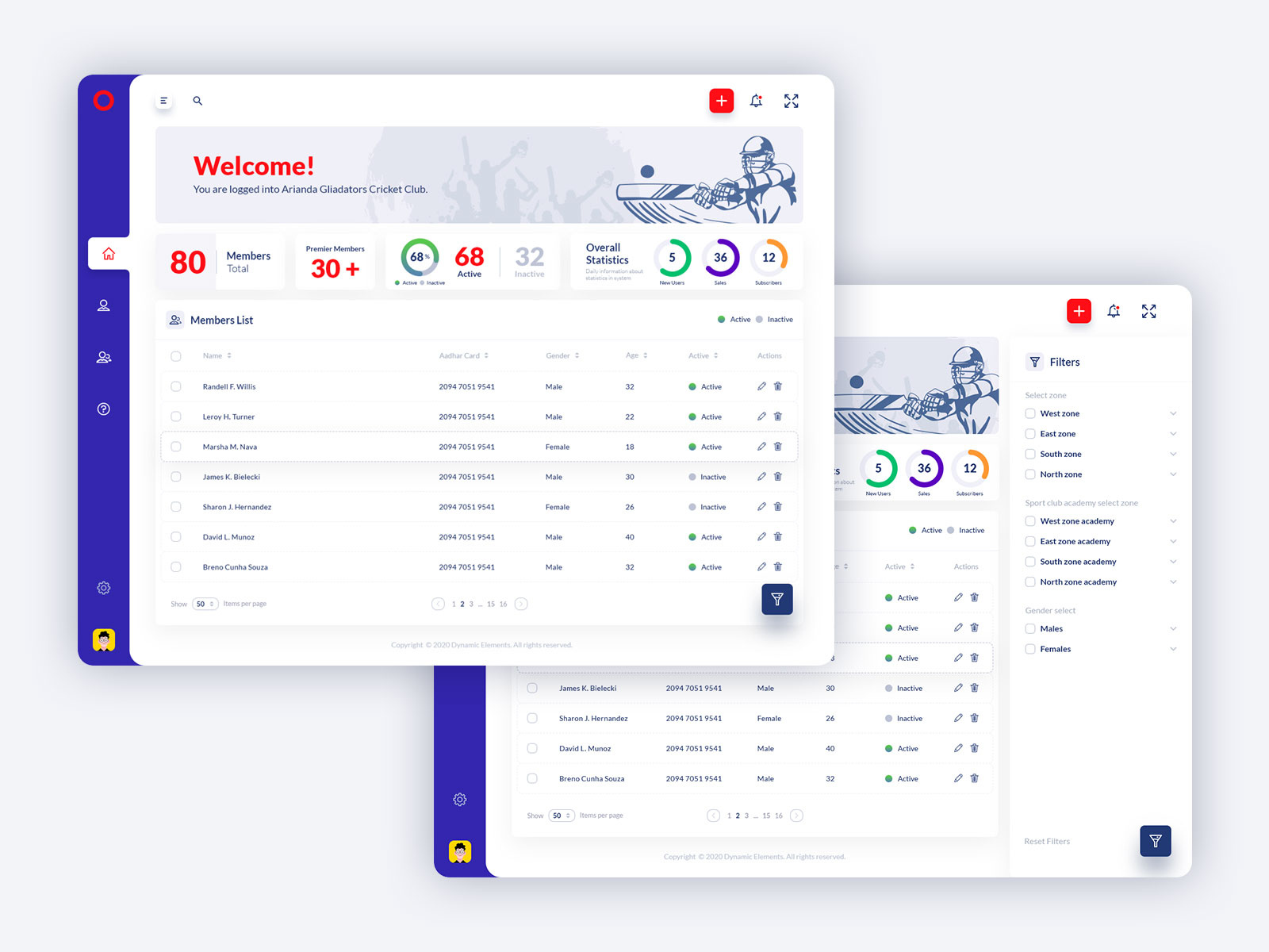 Cricket sports club dashboard design by Hiren Patel on Dribbble